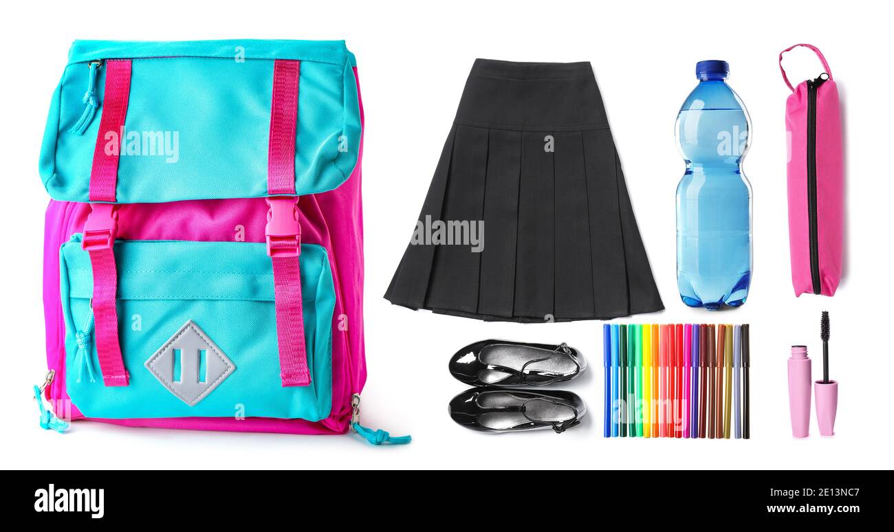 Backpack with different school essentials on white background Stock ...