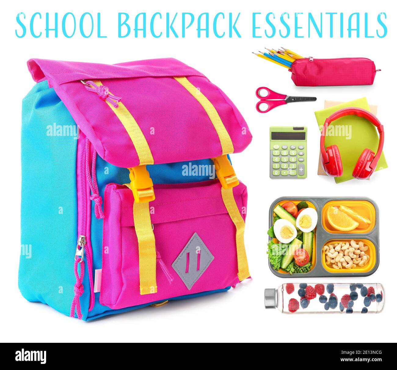 Backpack with different school essentials on white background Stock ...