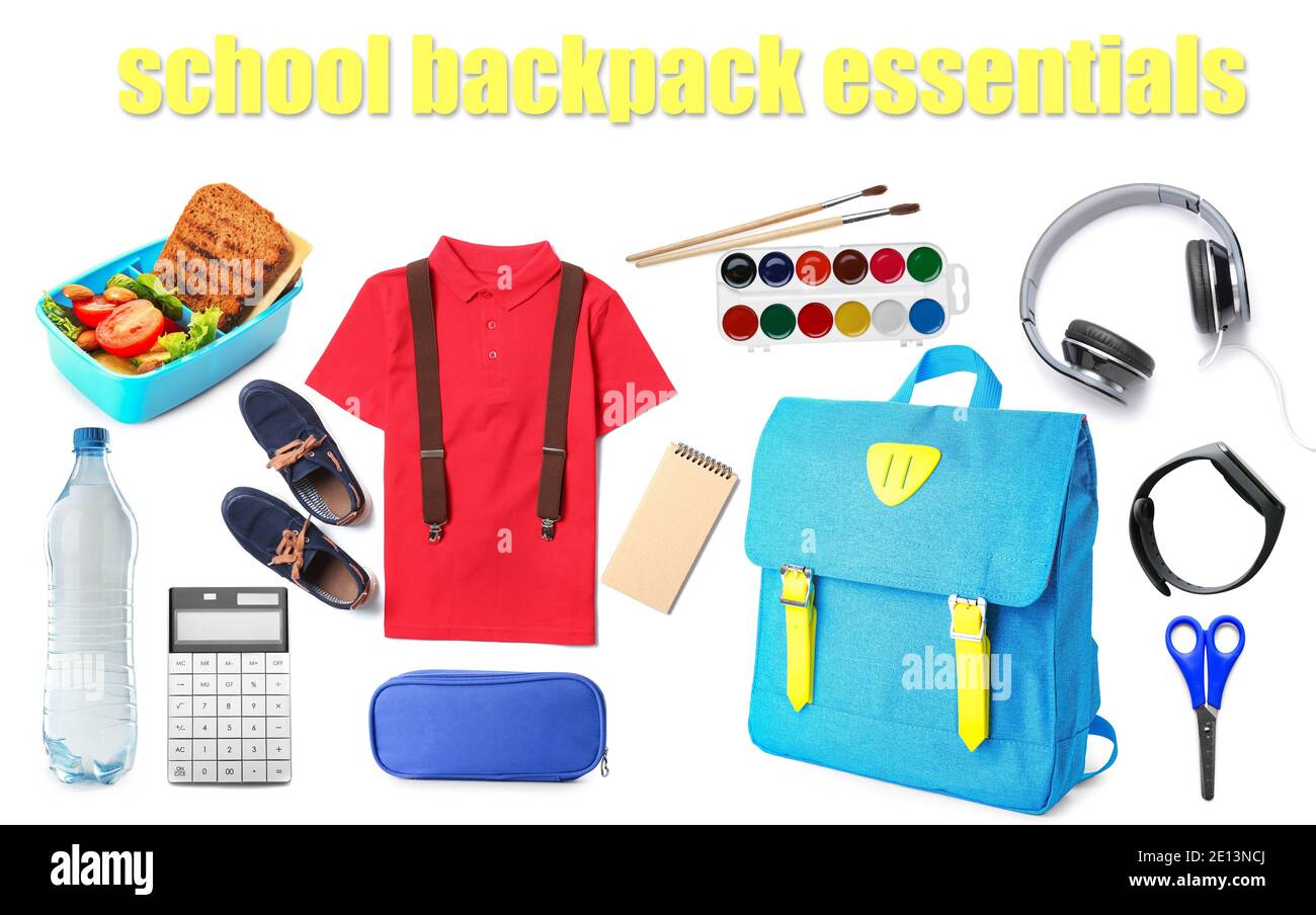 Backpack with different school essentials on white background Stock ...
