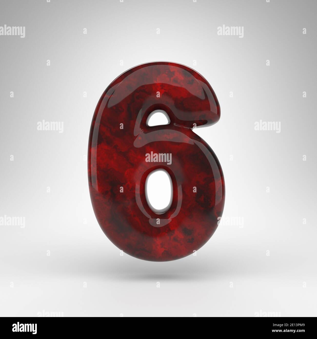 Number 6 on white background. Red amber 3D rendered number with glossy ...