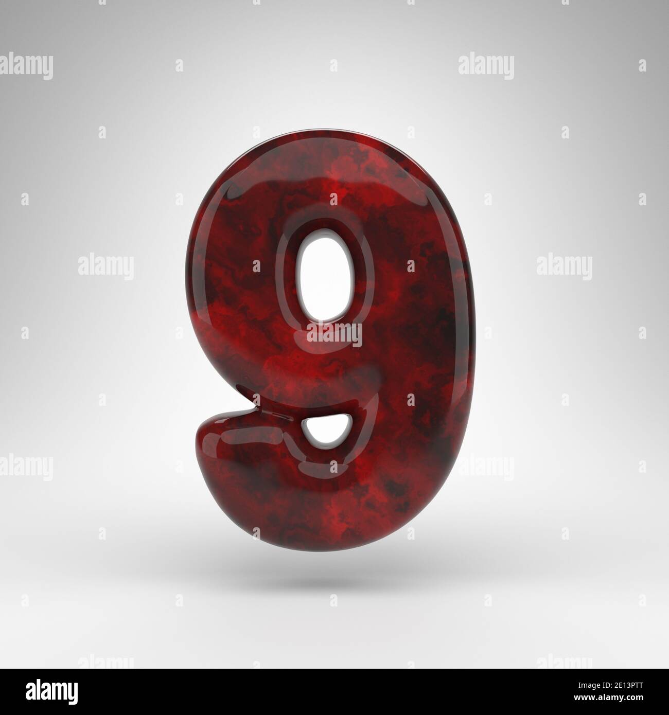 Number 9 on white background. Red amber 3D rendered number with glossy ...