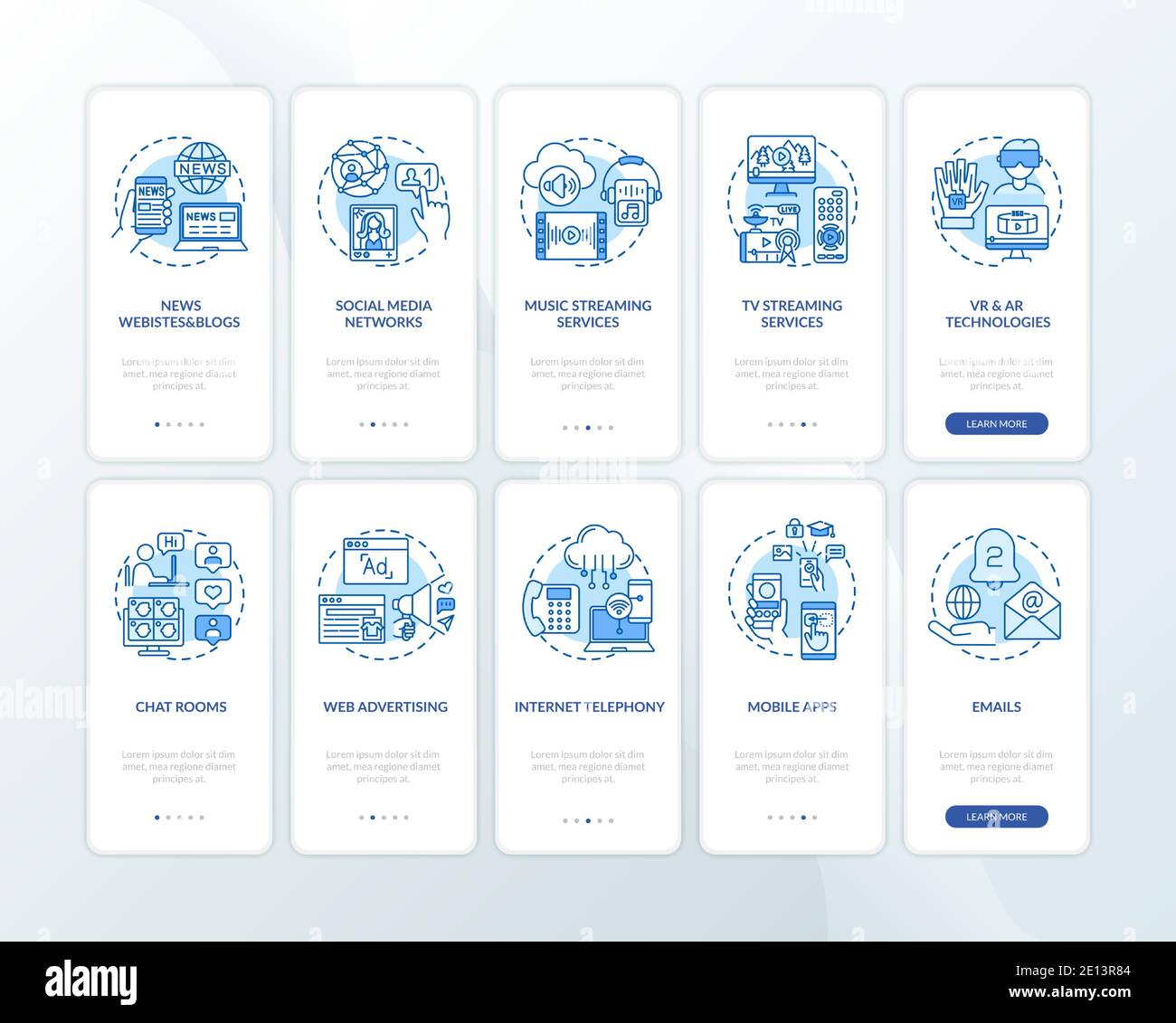 New media examples onboarding mobile app page screen with concepts set Stock Vector Image & Art ...