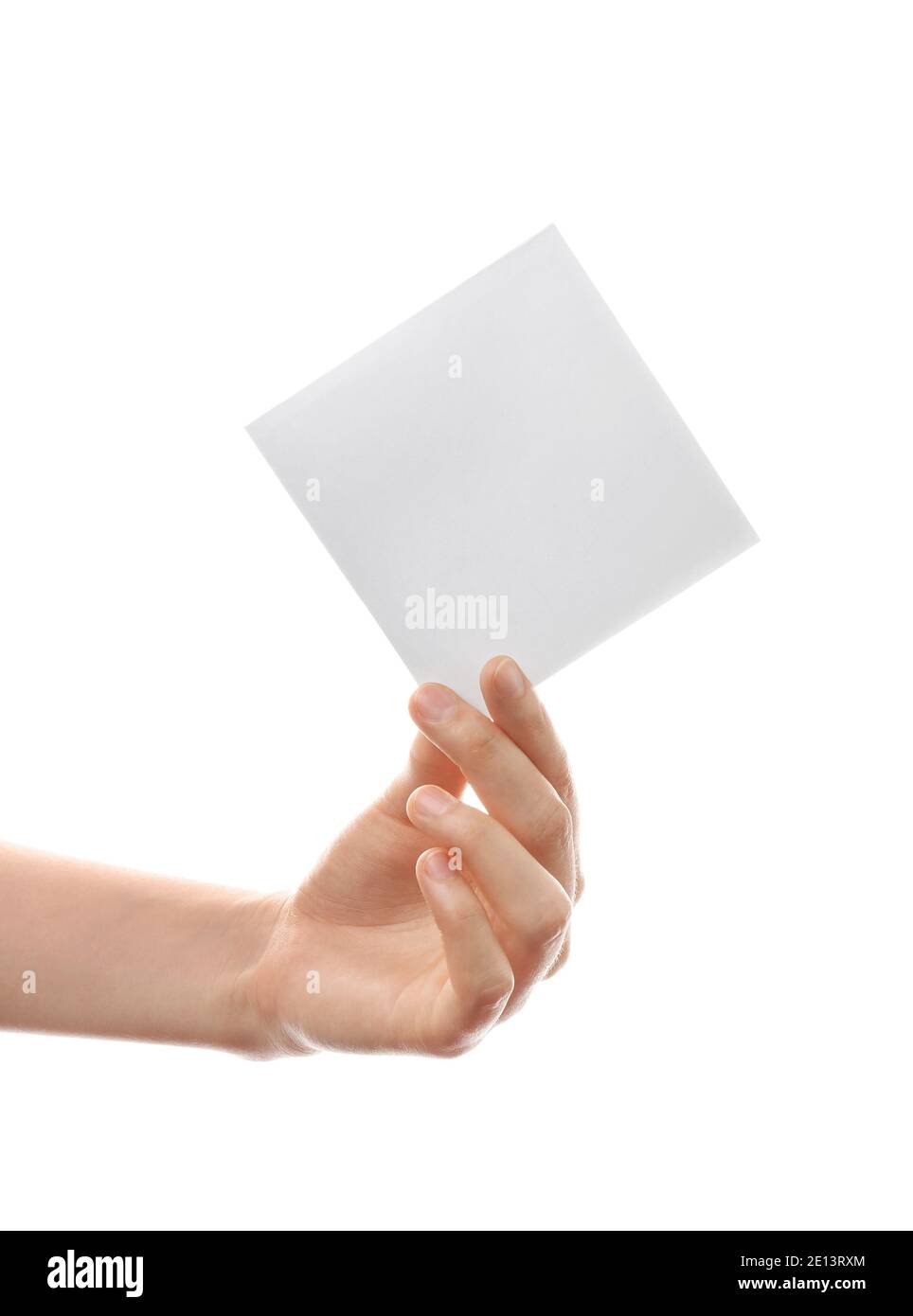 Female hand with blank paper sheet on white background Stock Photo - Alamy