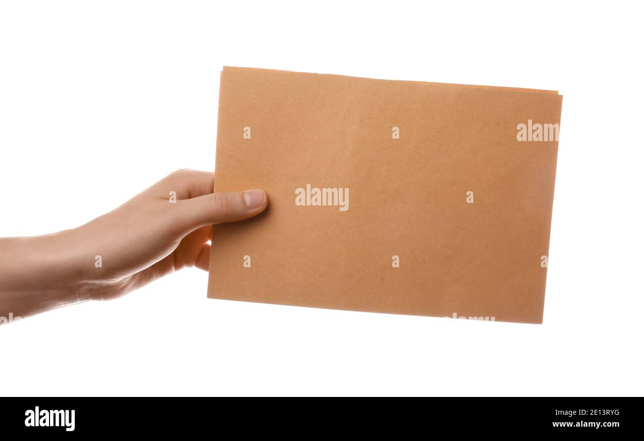 Female hand with blank paper sheet on white background Stock Photo - Alamy