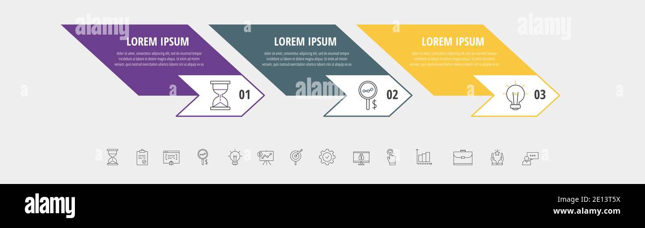 Vector infographic with 3 step, label, arrow, icons. Timeline used for ...