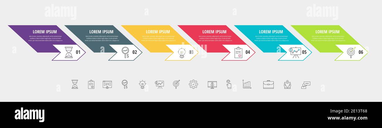 Vector infographic with 6 step, label, numeral, arrows. Timeline used ...