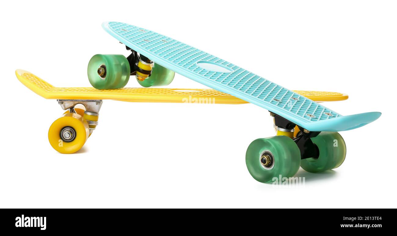 Colorful skateboards on white background Stock Photo - Alamy