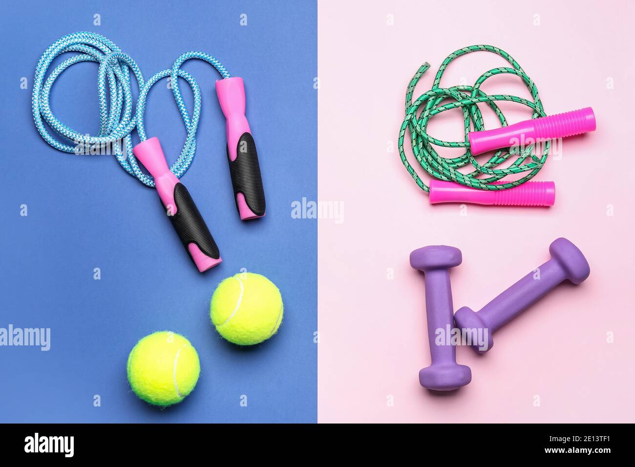 Set of sport equipment on color background Stock Photo - Alamy