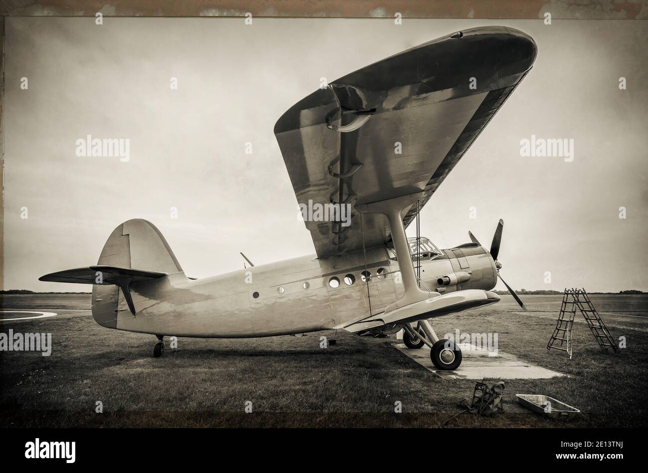 historical aircraft gets service on a meadow Stock Photo - Alamy