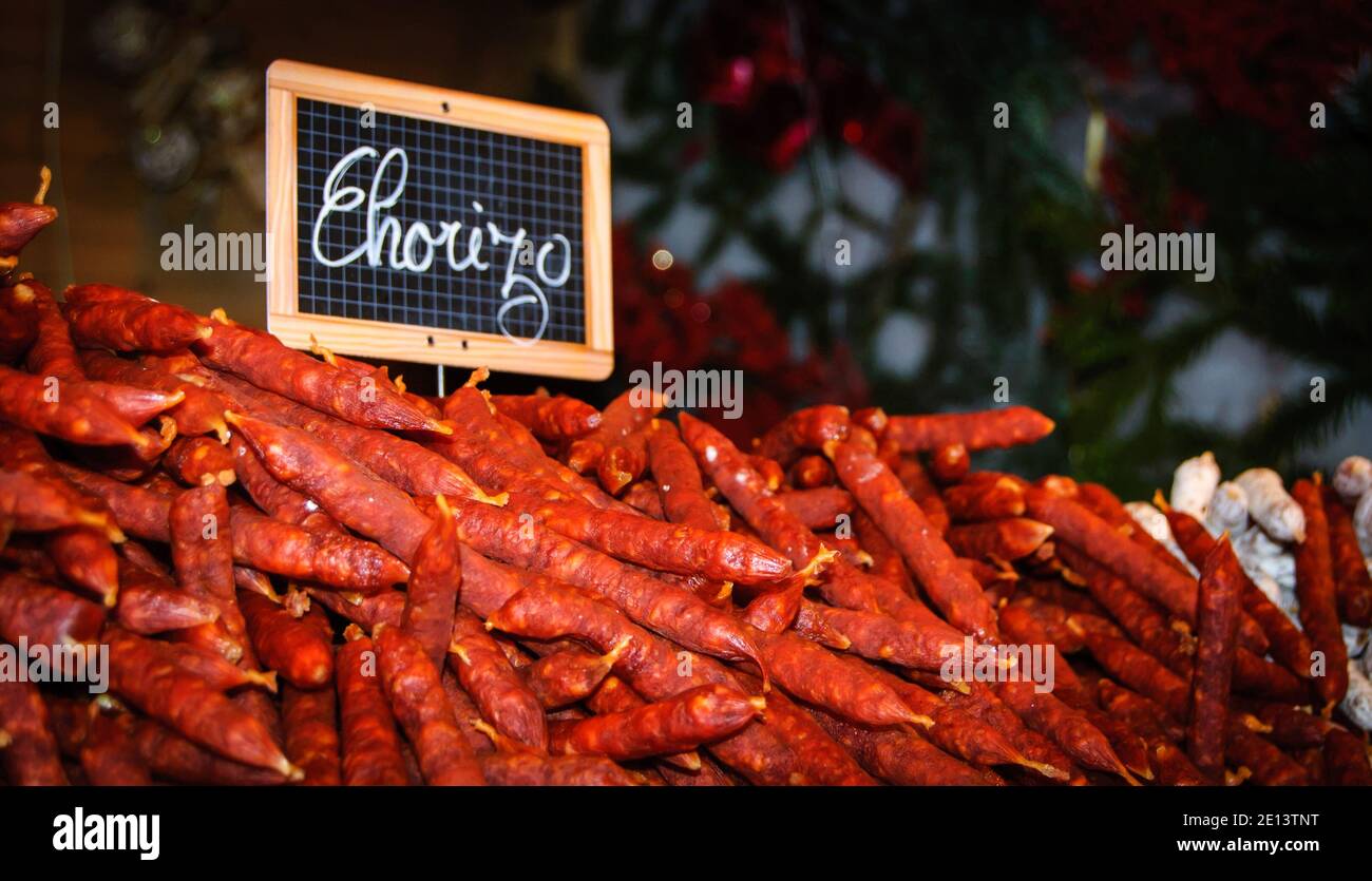 Traditional chorizo sausage at Christmas market. Paris Stock Photo - Alamy