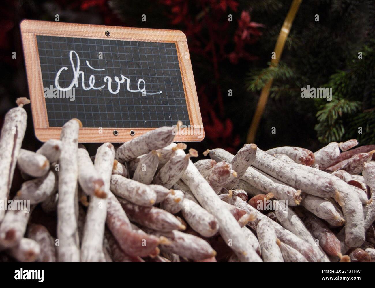 Traditional dry goat sausage at Christmas market. Paris Stock Photo - Alamy