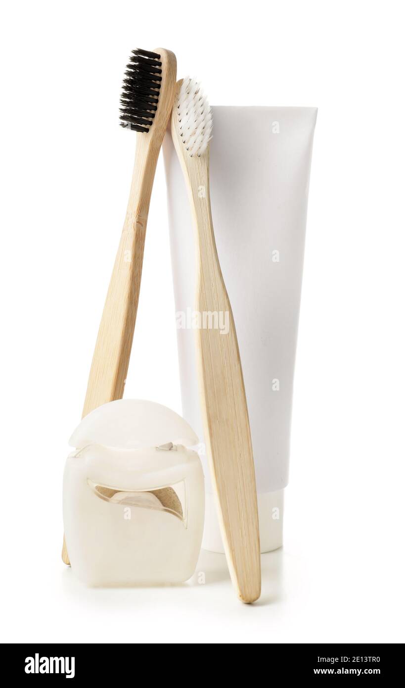 Set for oral hygiene on white background Stock Photo - Alamy