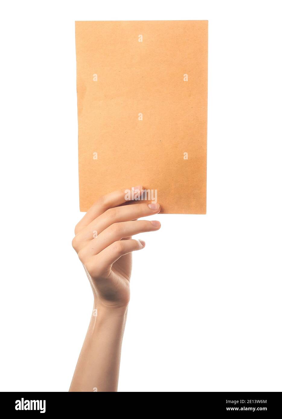 Female hand with blank paper sheet on white background Stock Photo - Alamy
