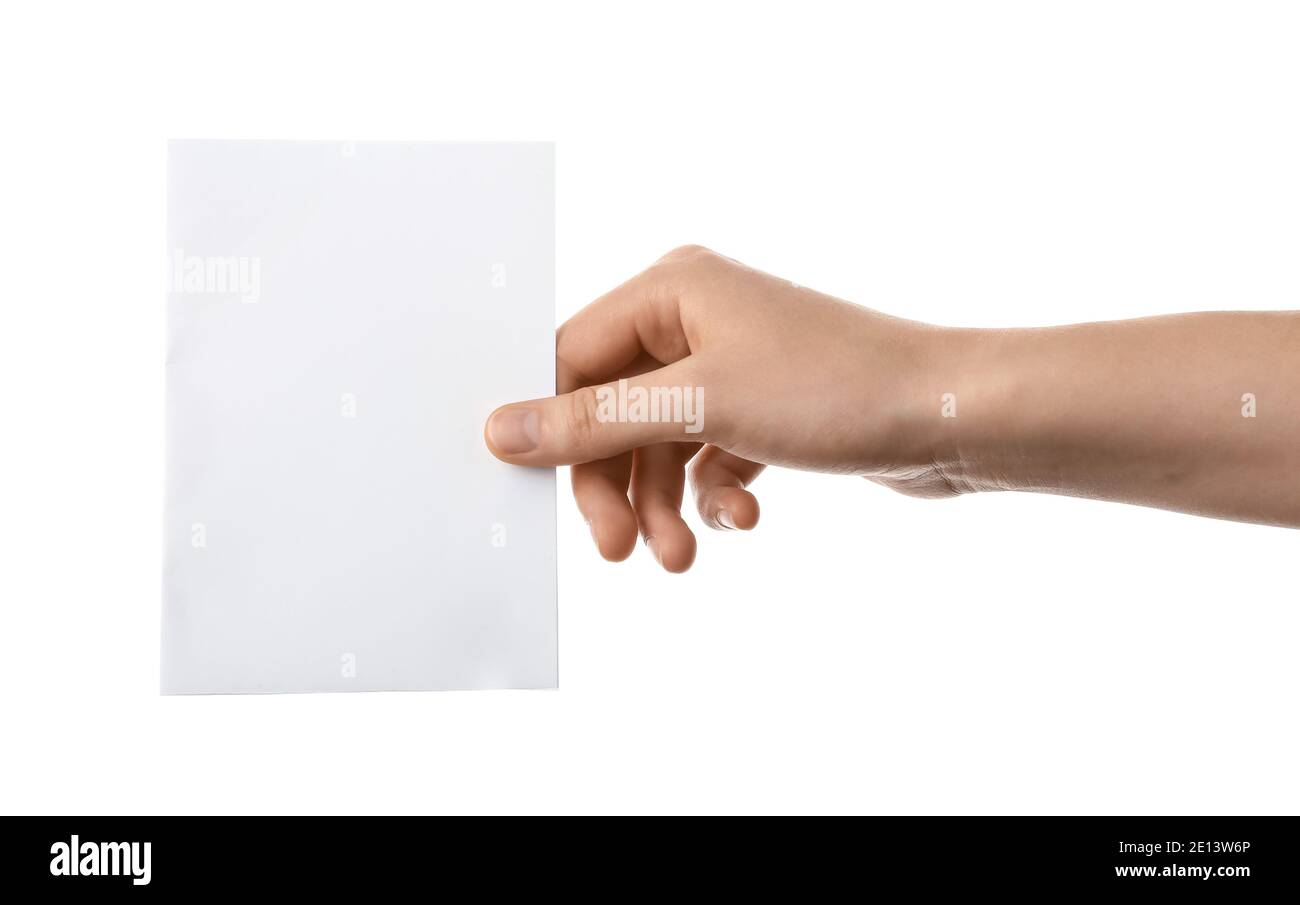 Female hand with blank paper sheet on white background Stock Photo - Alamy
