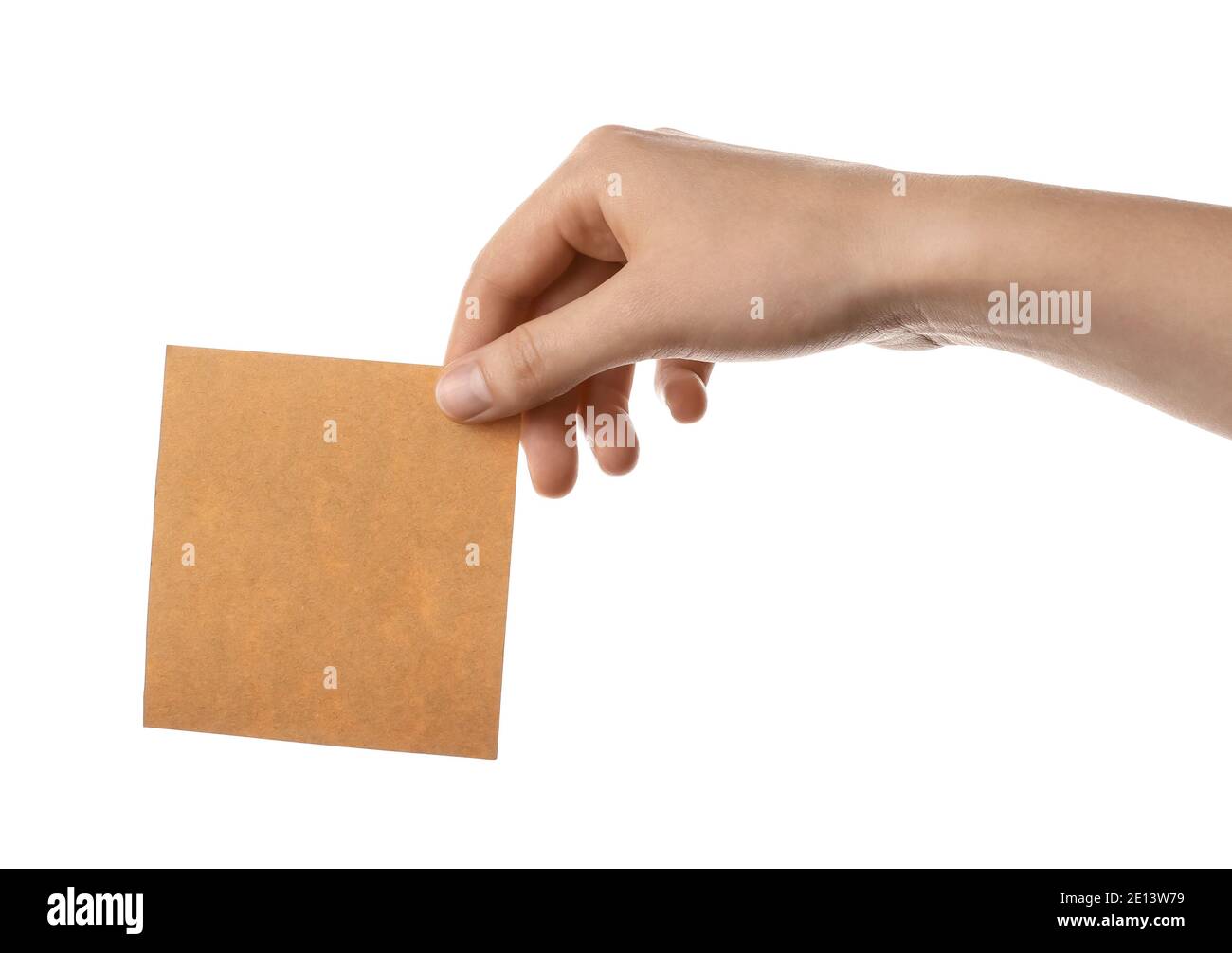 Female hand with blank paper sheet on white background Stock Photo - Alamy