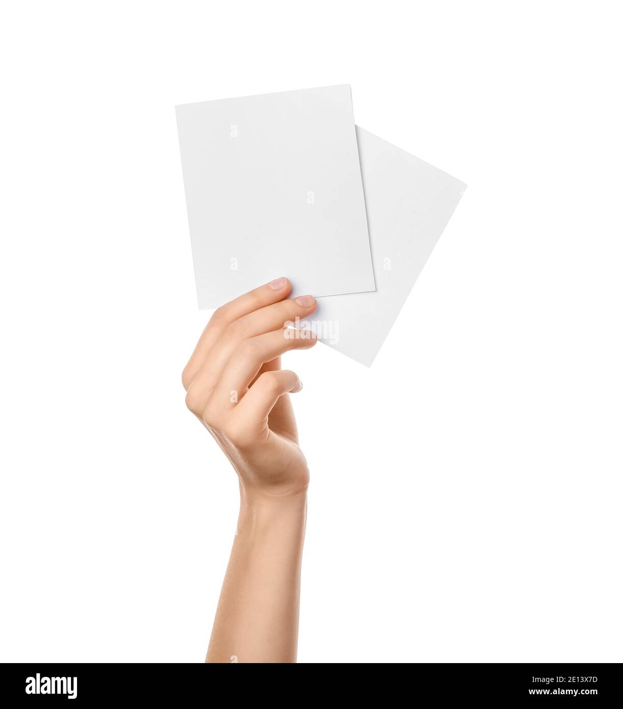 Female hand with blank paper on white background Stock Photo - Alamy