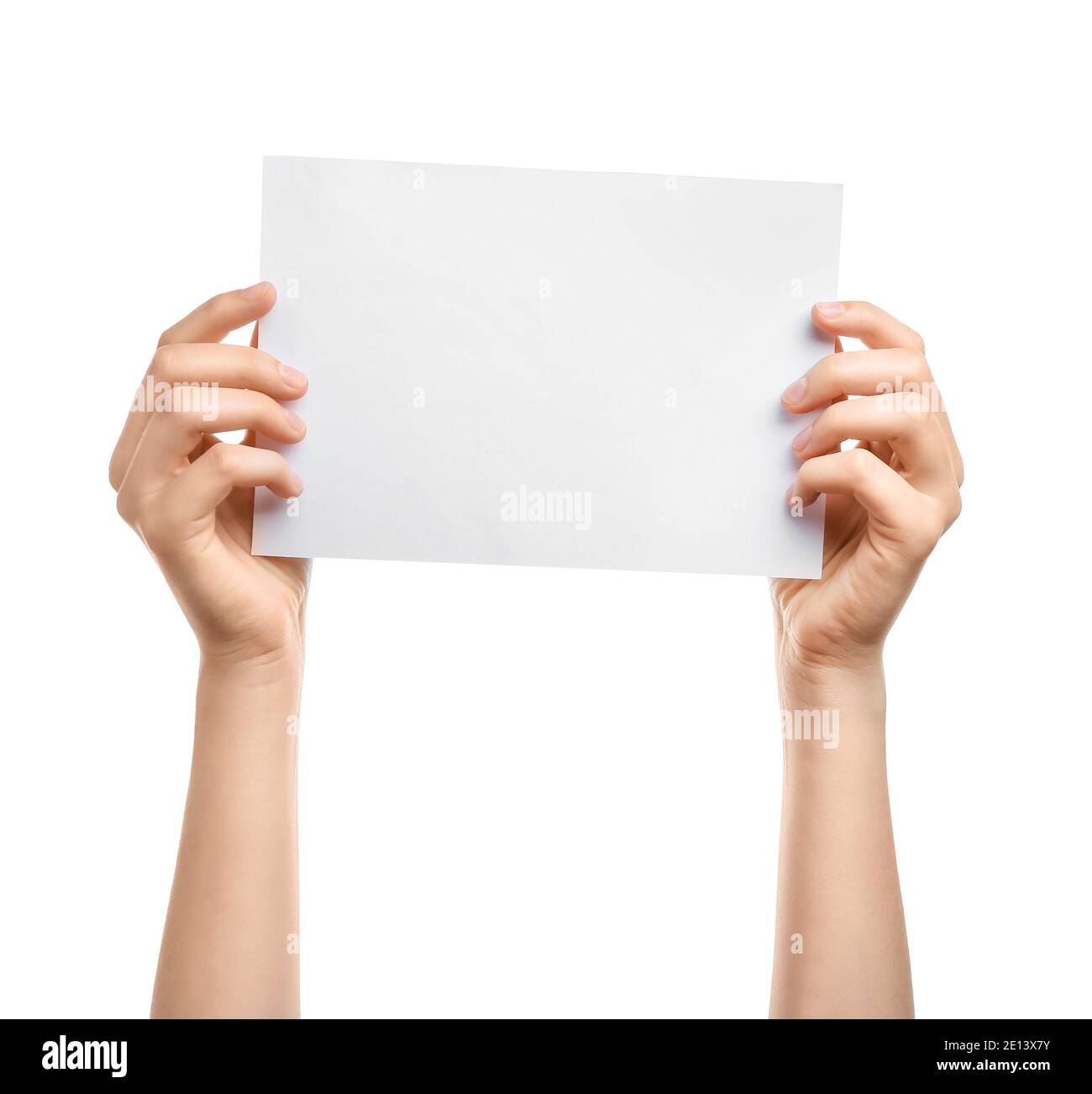 Female hands with blank paper on white background Stock Photo - Alamy