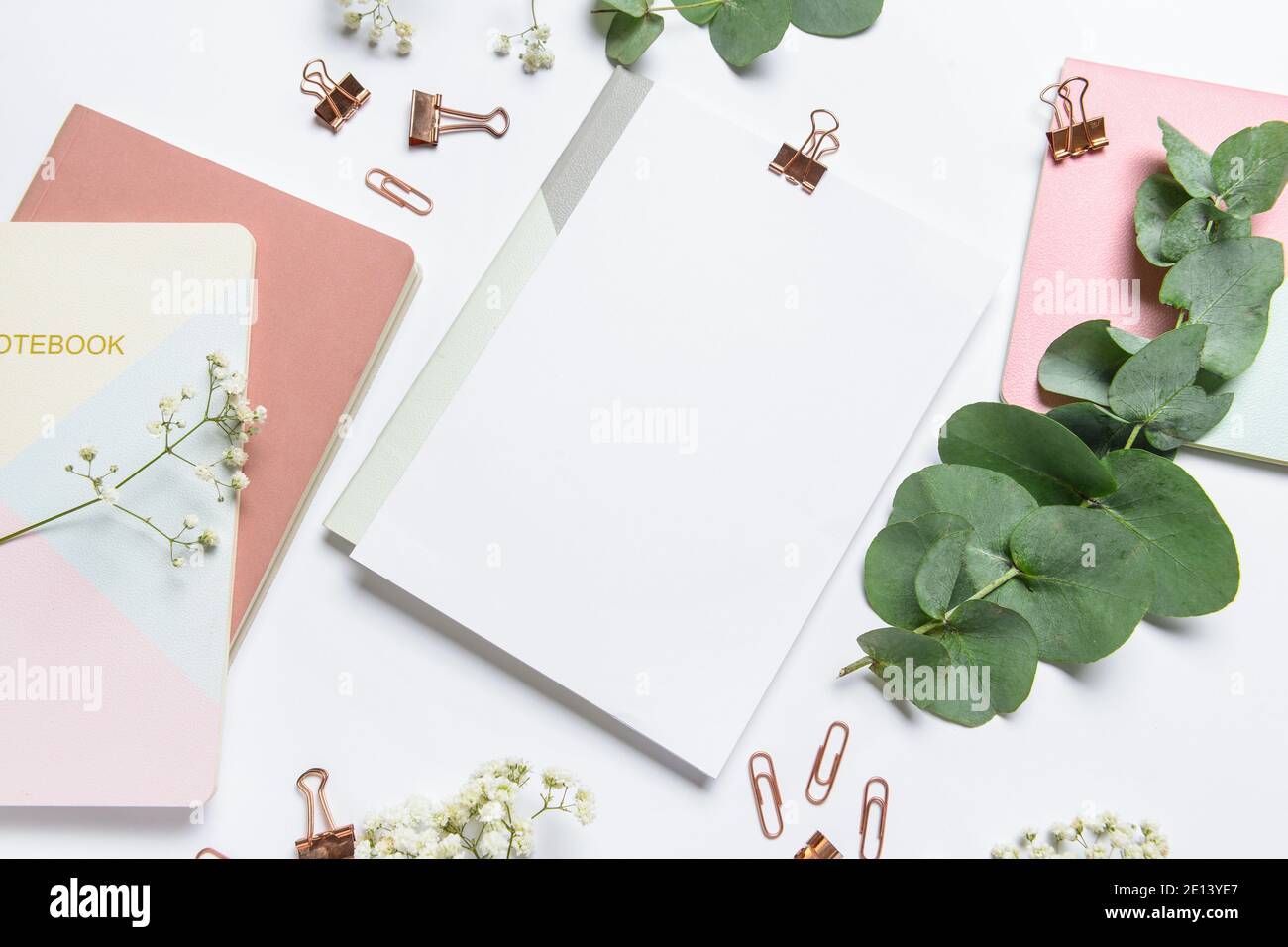 Composition with blank paper sheet, notebooks and clips on white ...
