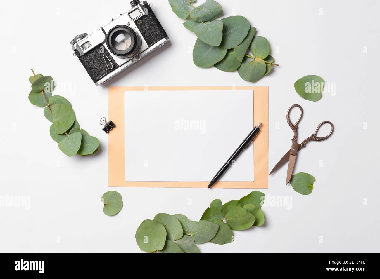 Composition with blank paper sheet and photo camera on white background ...