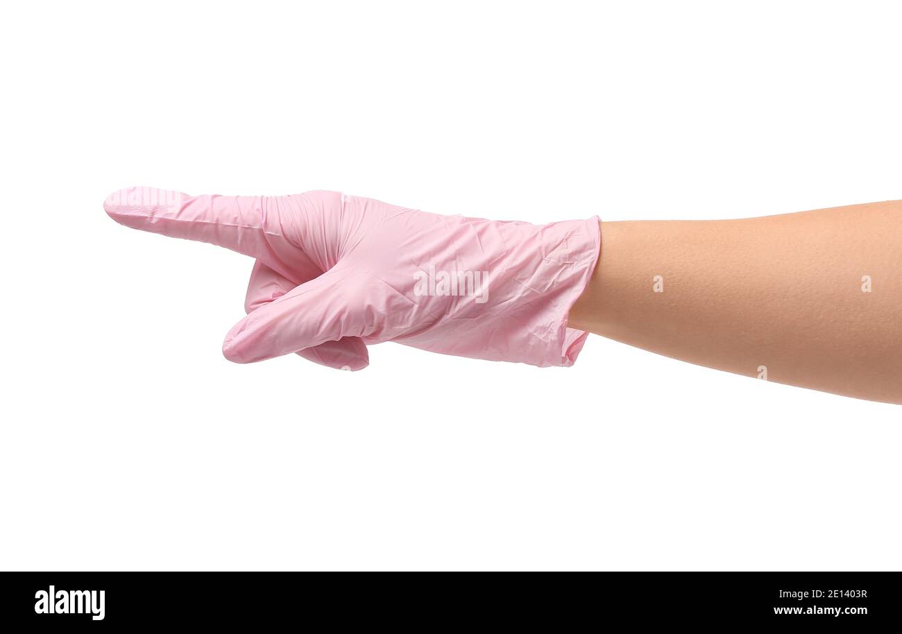 Hand in protective glove pointing at something on white background ...