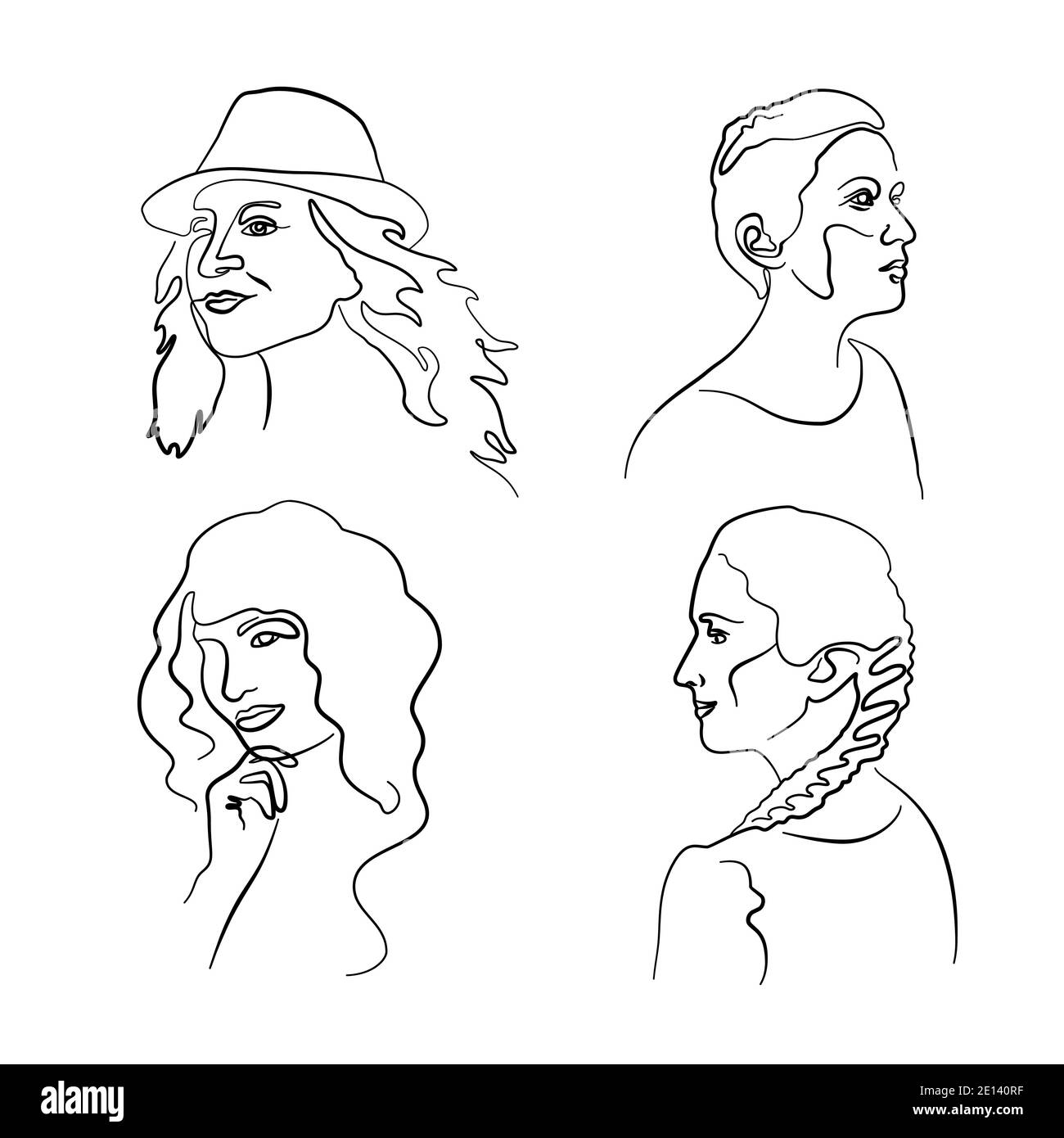 Set of single line drawings of women portraits Isolated on white ...
