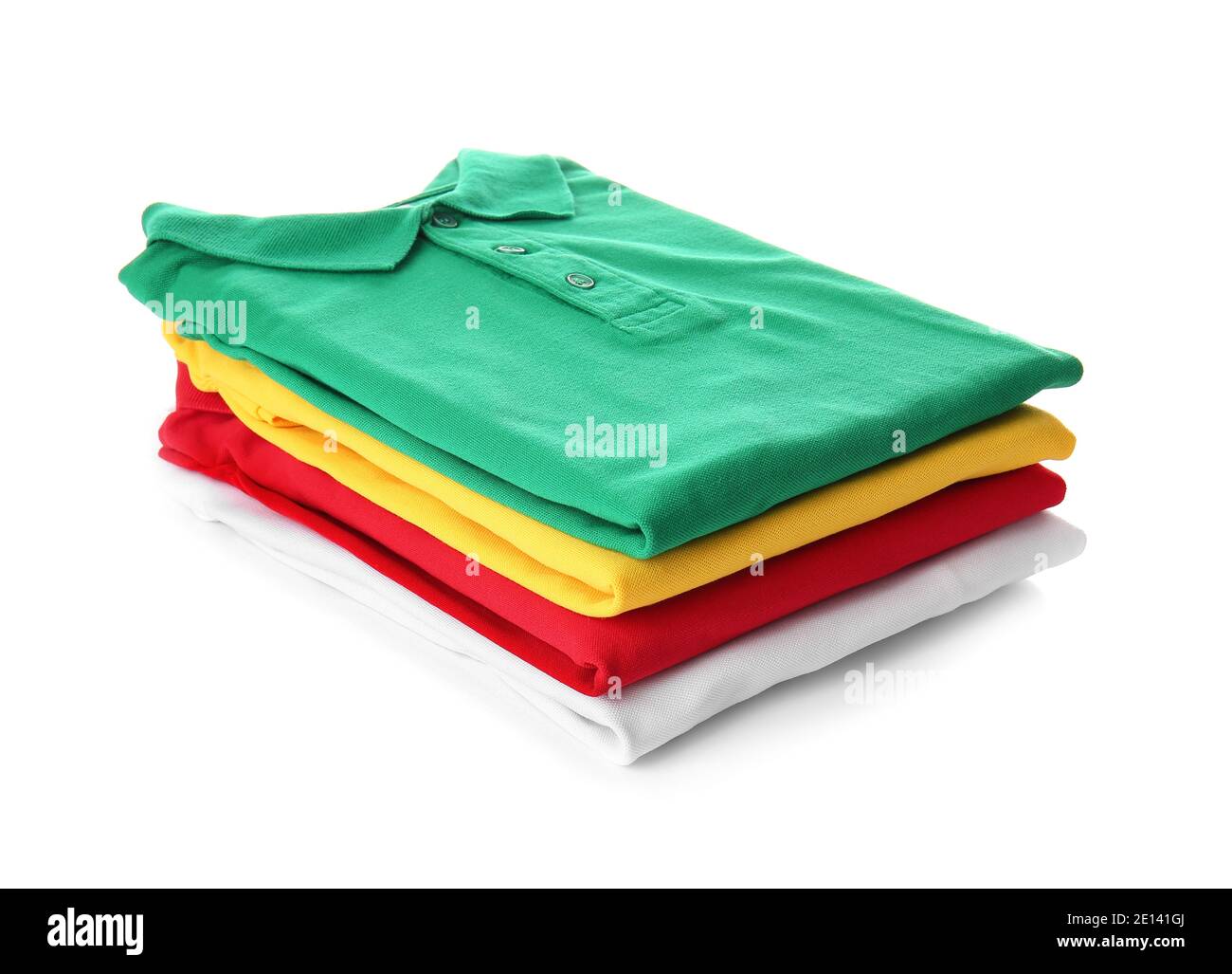 Stack of folded polo shirts on white background Stock Photo - Alamy