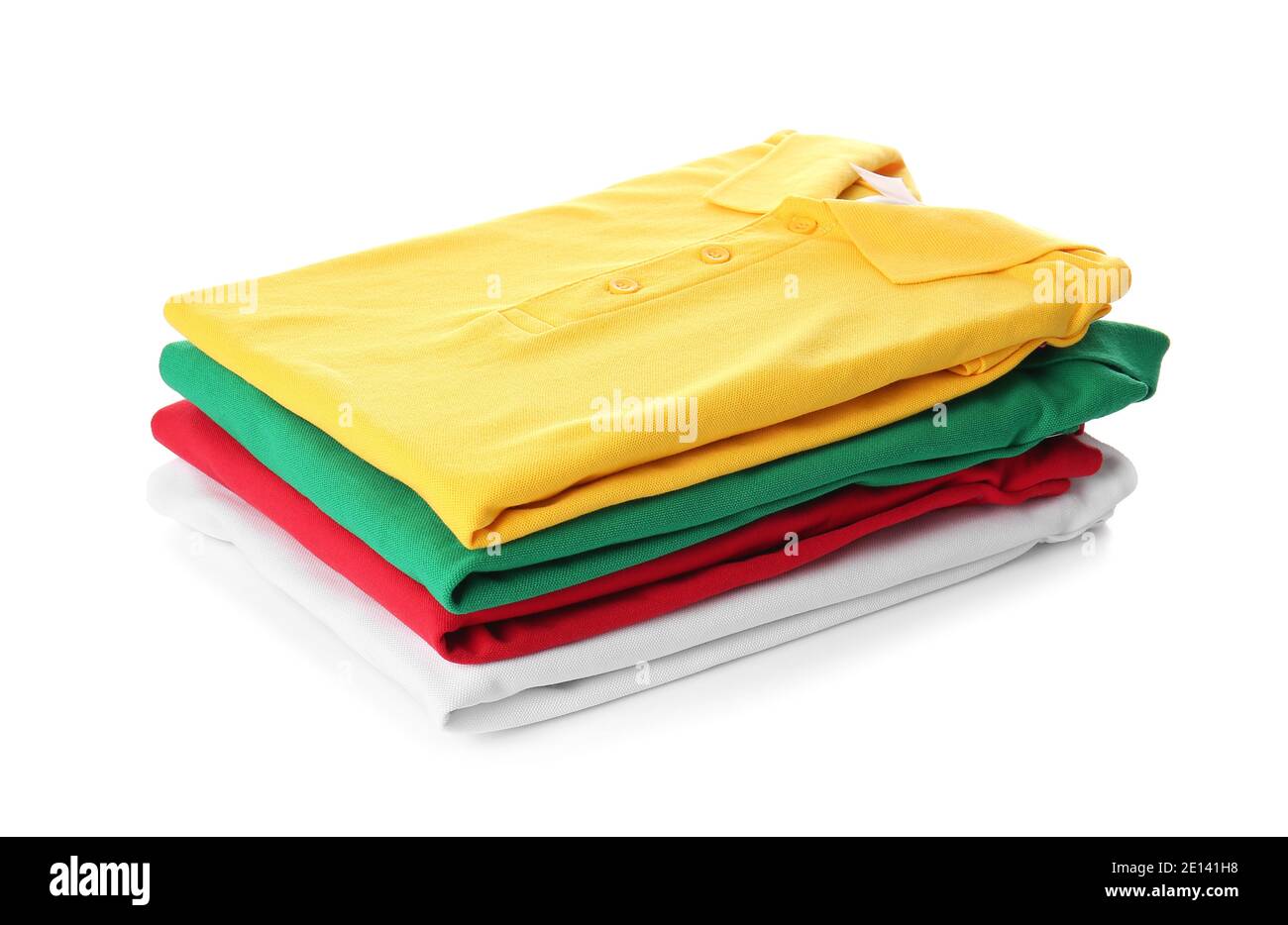Stack of folded polo shirts on white background Stock Photo - Alamy