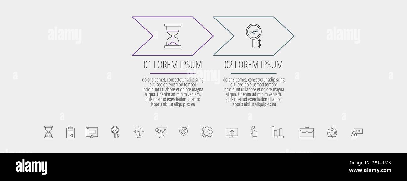 Arrows vector line infographic with 2 steps, icons. Timeline used for ...