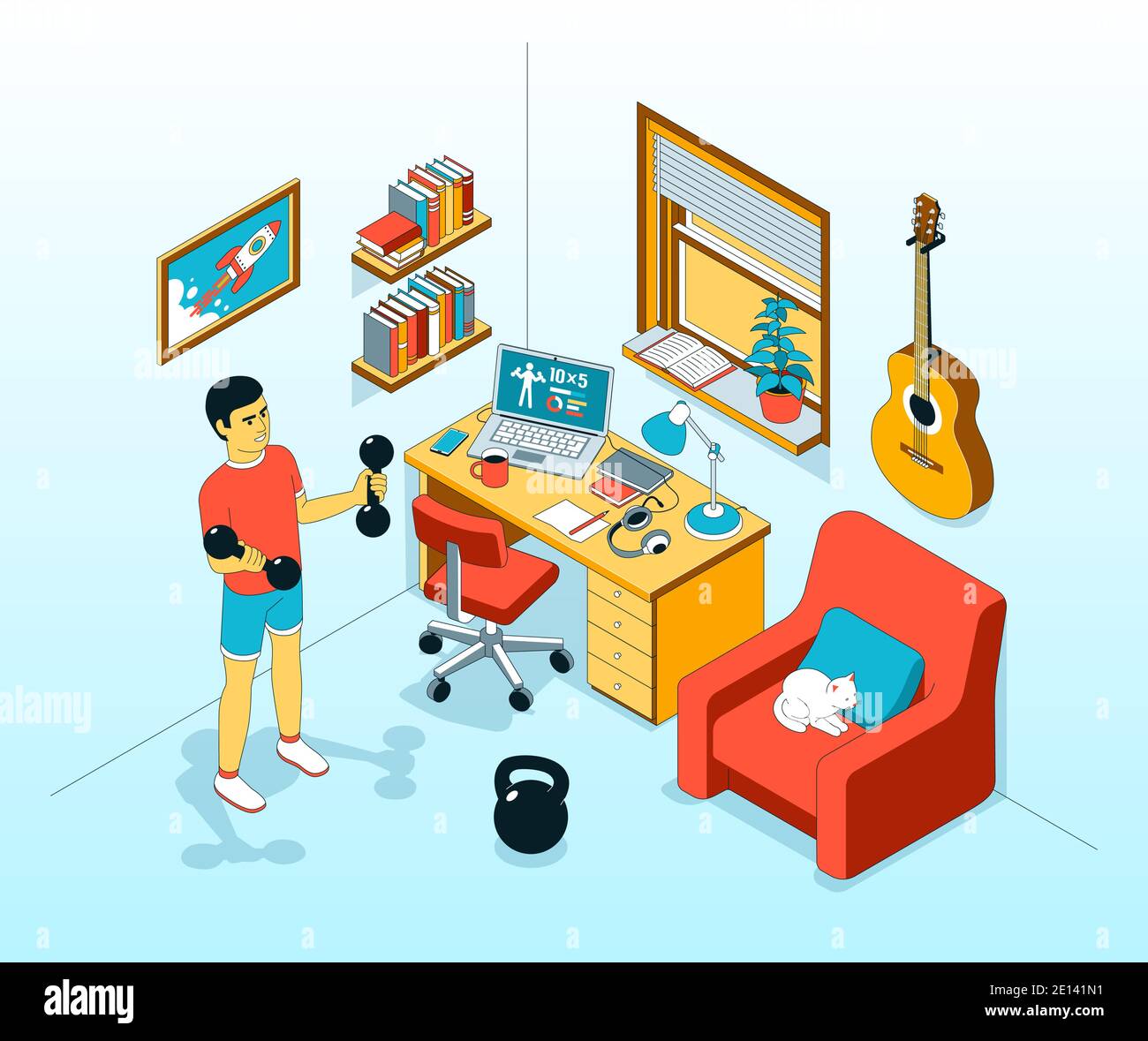 Home exercise with dumbbell. Workout in home workplace Stock Vector ...