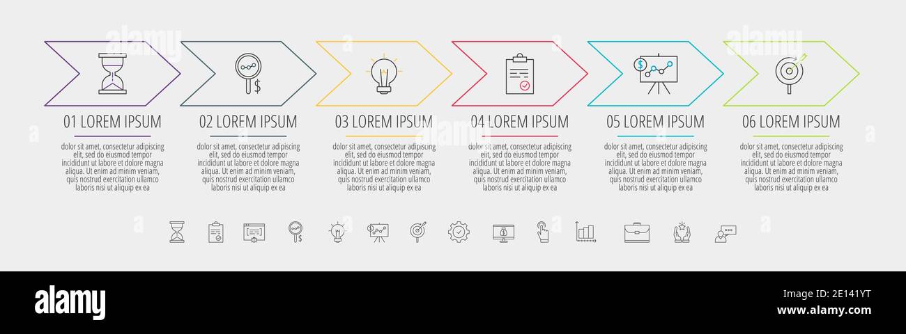 Arrows vector line infographic with 6 steps, icons. Timeline used for ...