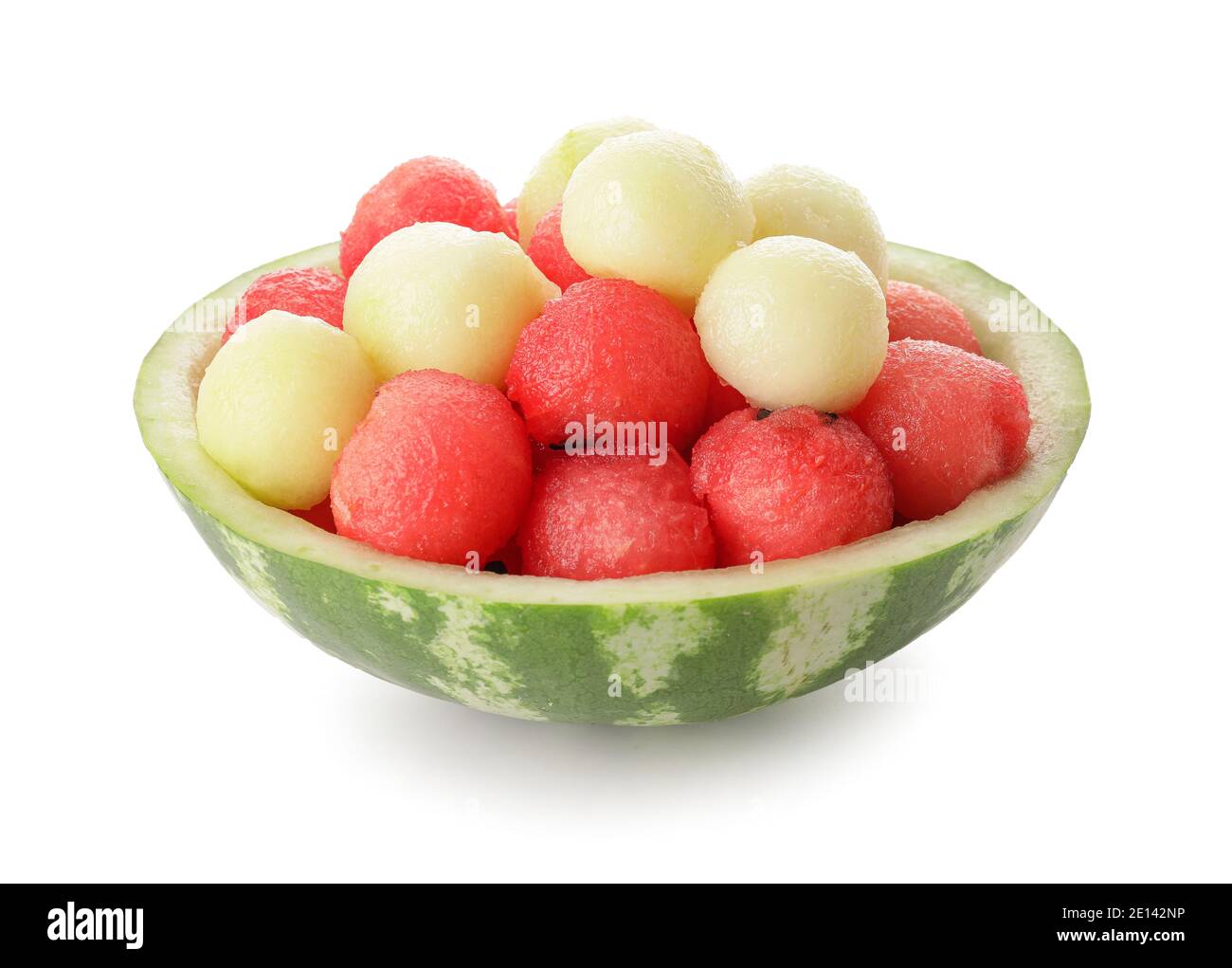 Tasty watermelon balls in ripe watermelon on white background Stock ...