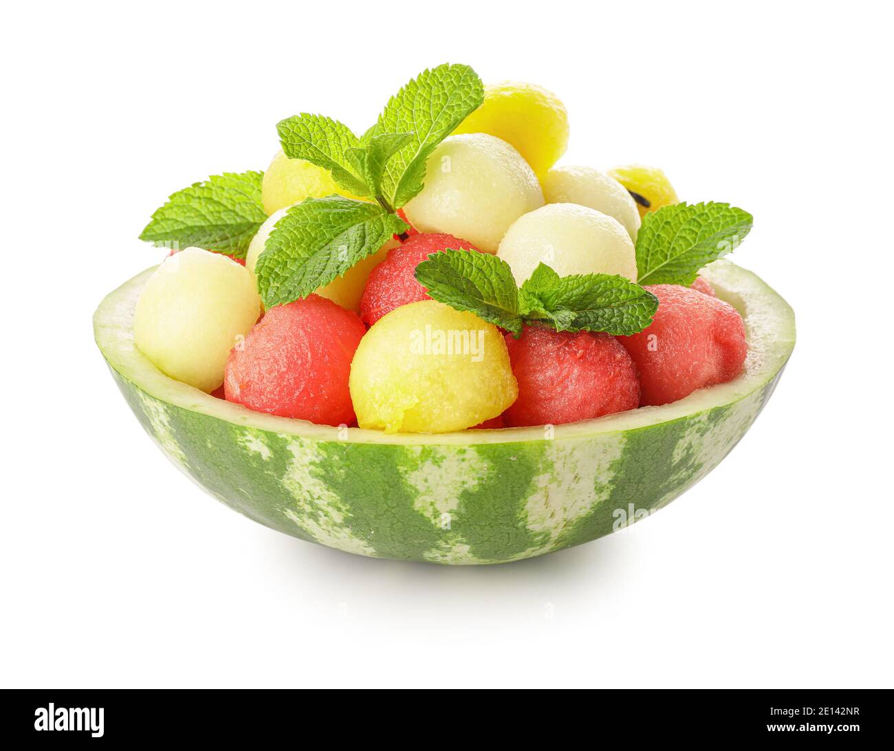 Tasty watermelon balls in ripe watermelon on white background Stock ...