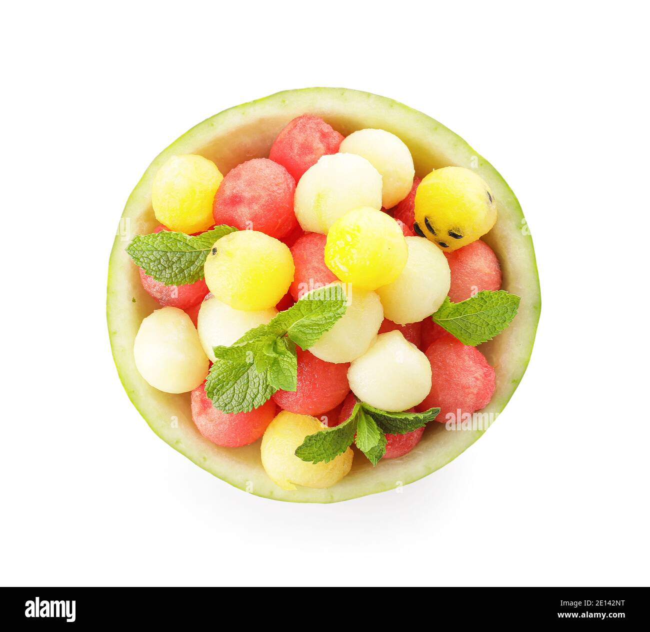 Tasty watermelon balls in ripe watermelon on white background Stock ...
