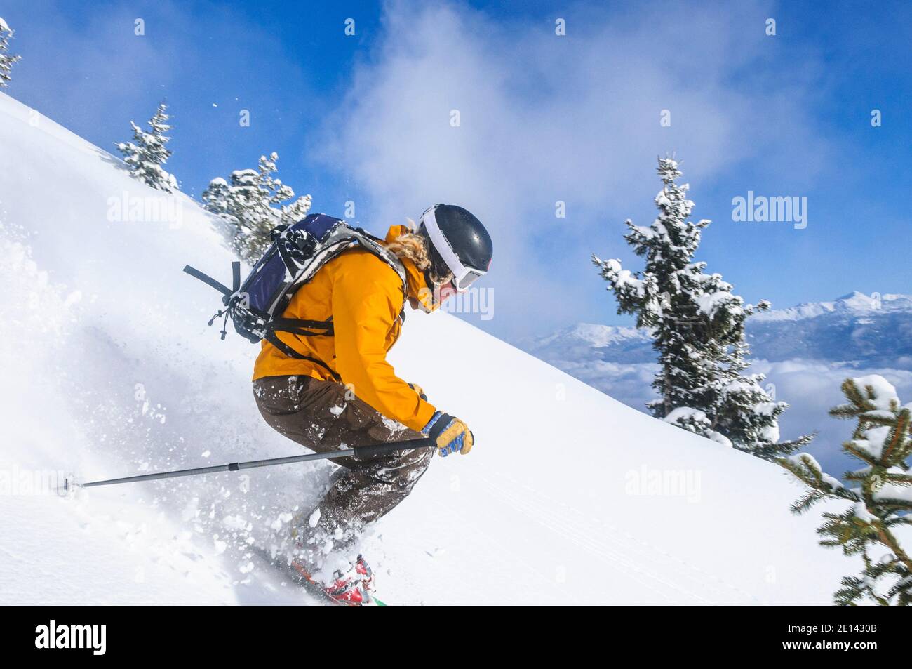 Skiing between trees in backcountry area Stock Photo - Alamy