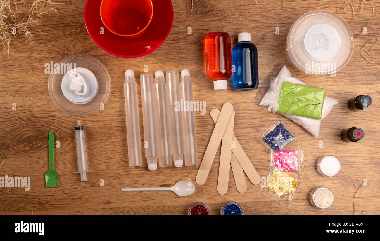 Components, tools and materials to make slime. Child creativity and ...