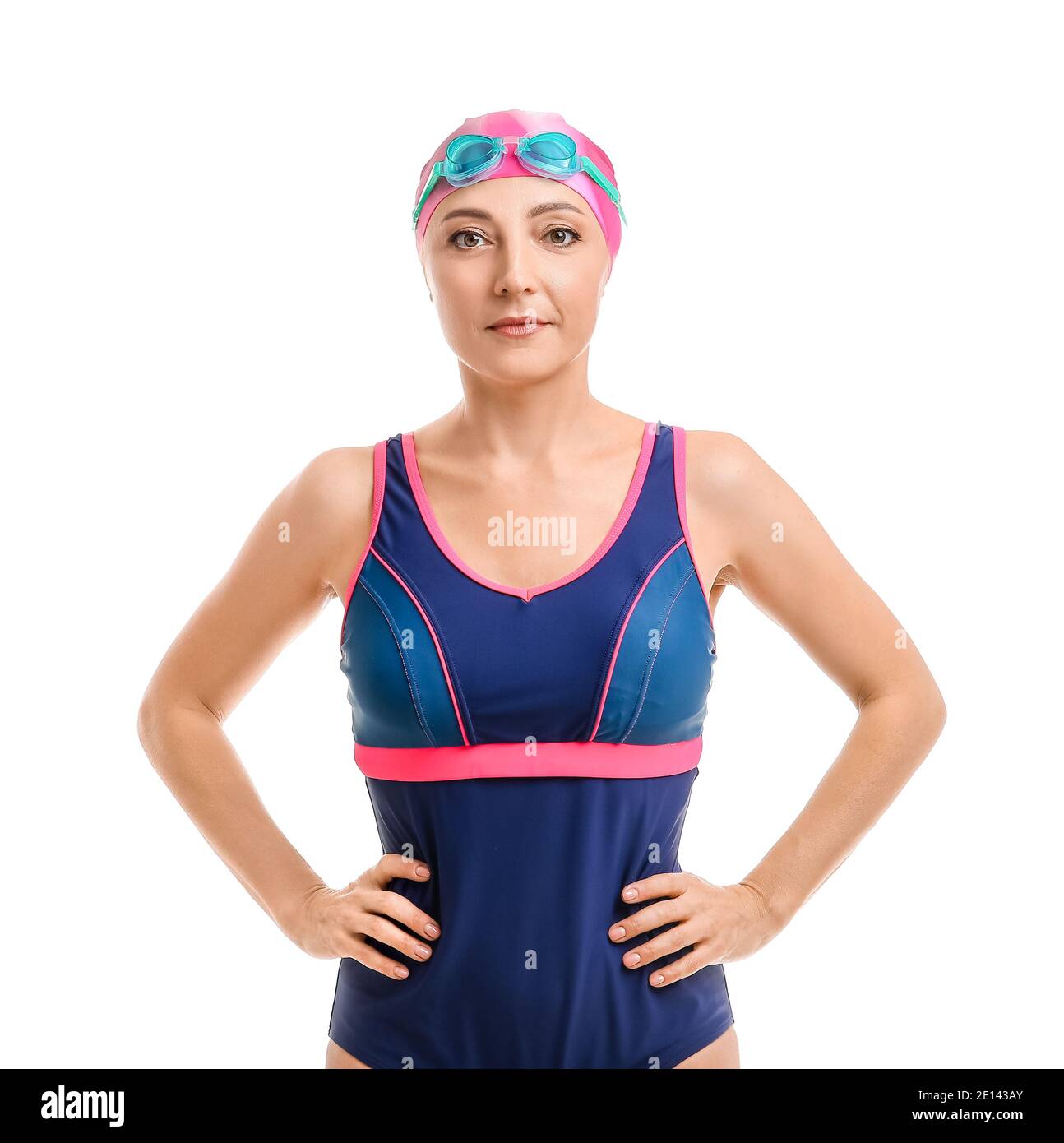 Female swimmer on white background Stock Photo - Alamy