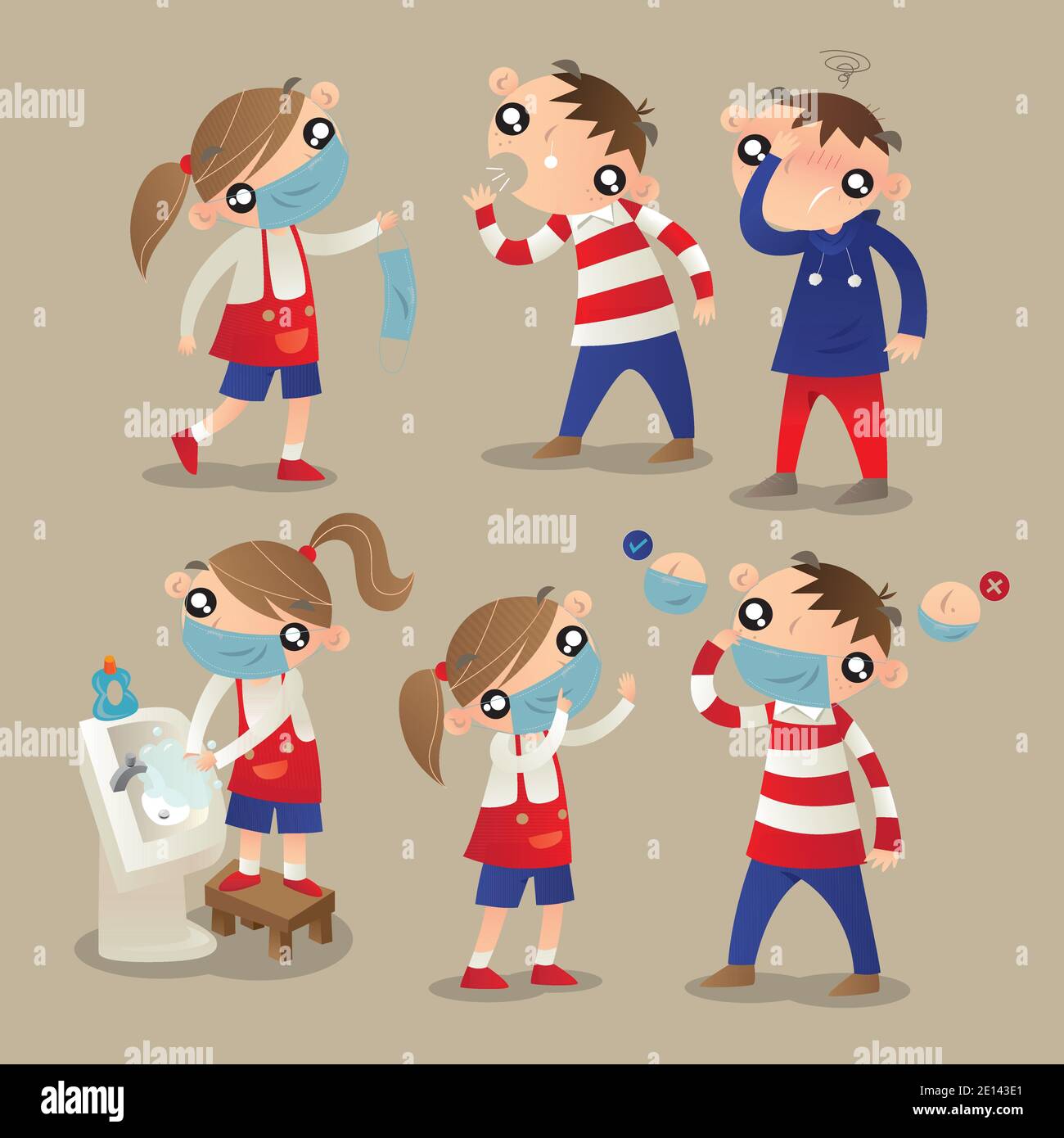 Kids washing hands and wearing mask to prevent respiratory infections ...