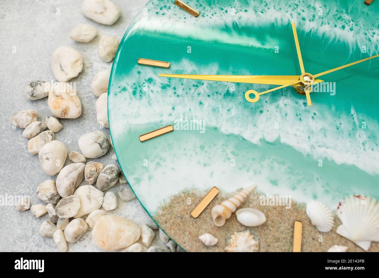 Wall clock with clock hands made of epoxy resin art with sea waves and ...