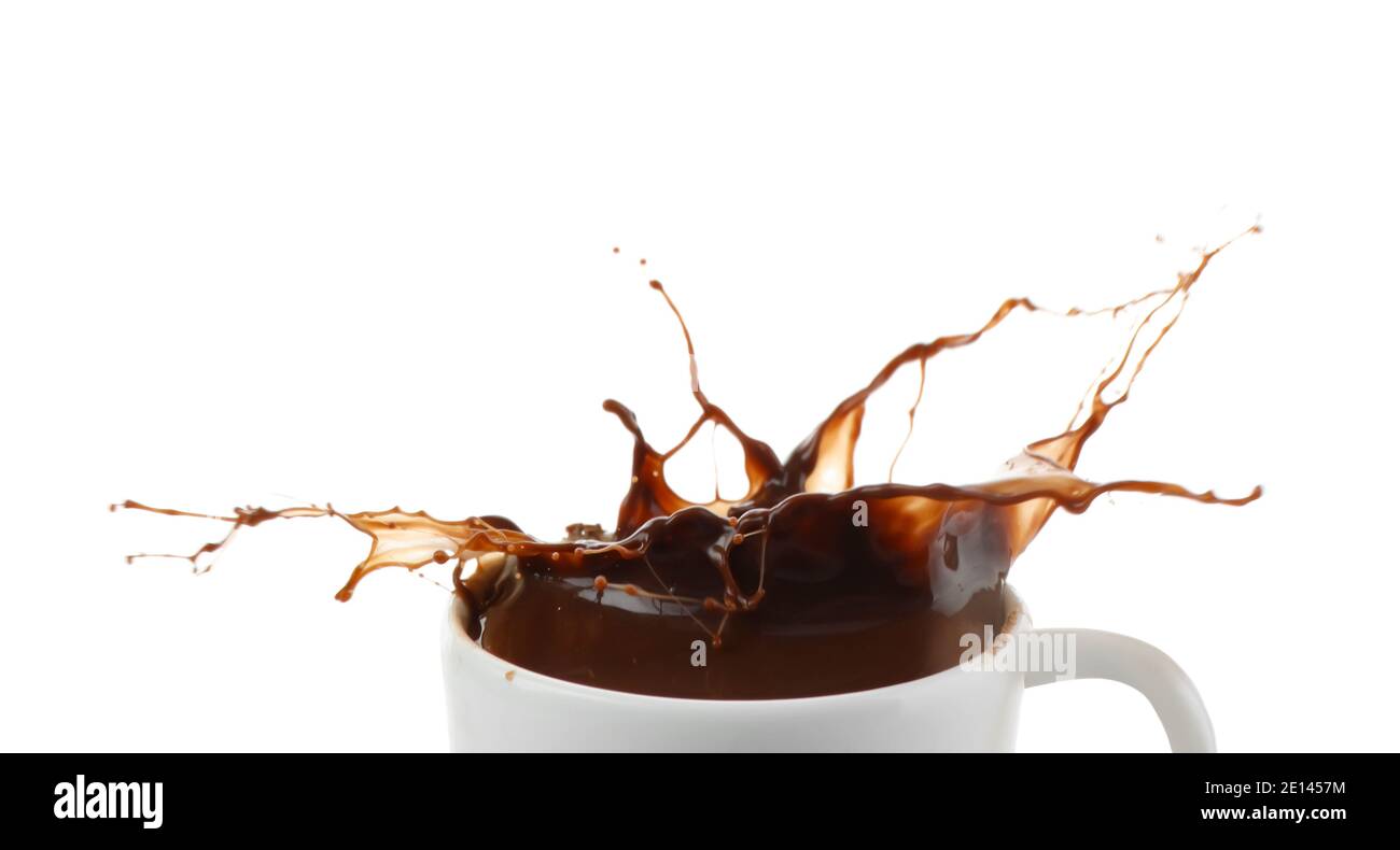 Cup with splash of hot chocolate on white background Stock Photo - Alamy