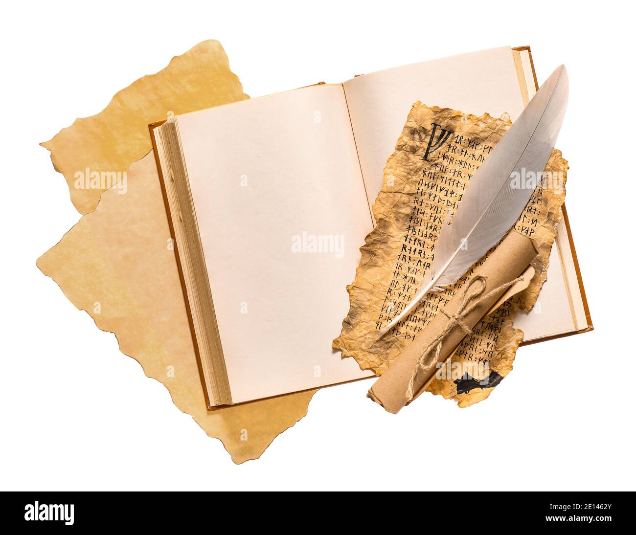 Old book with feather and scroll on white background Stock Photo - Alamy
