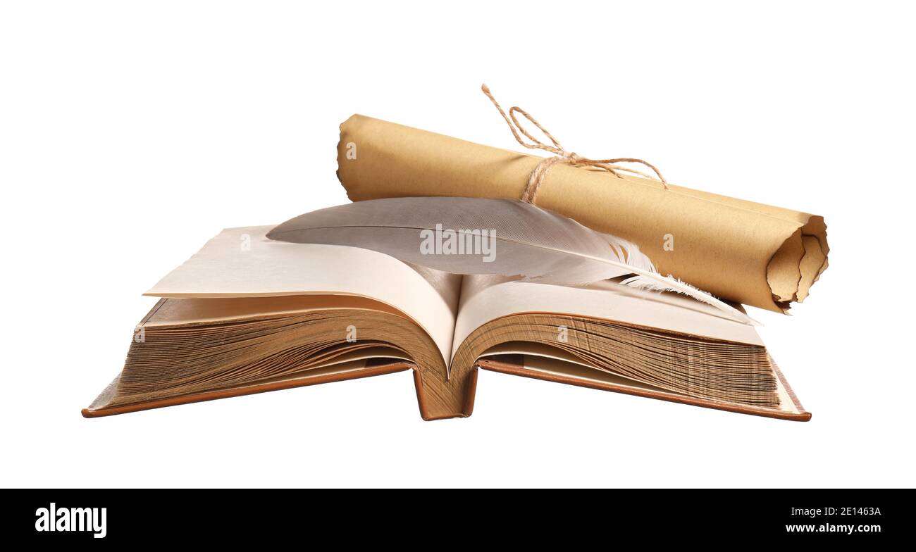 Old book with scroll and feather on white background Stock Photo - Alamy