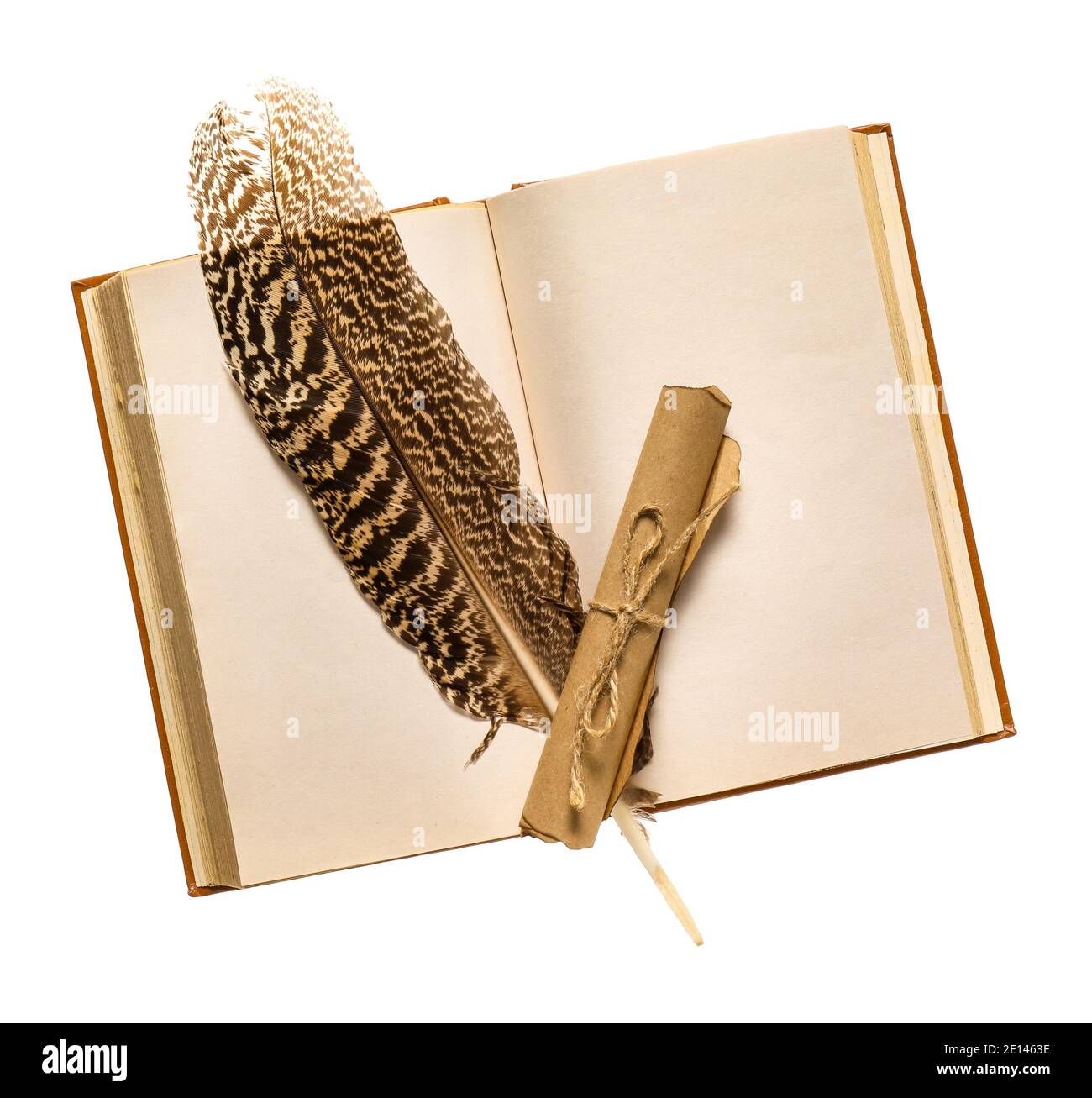 Old book with feather and scroll on white background Stock Photo - Alamy