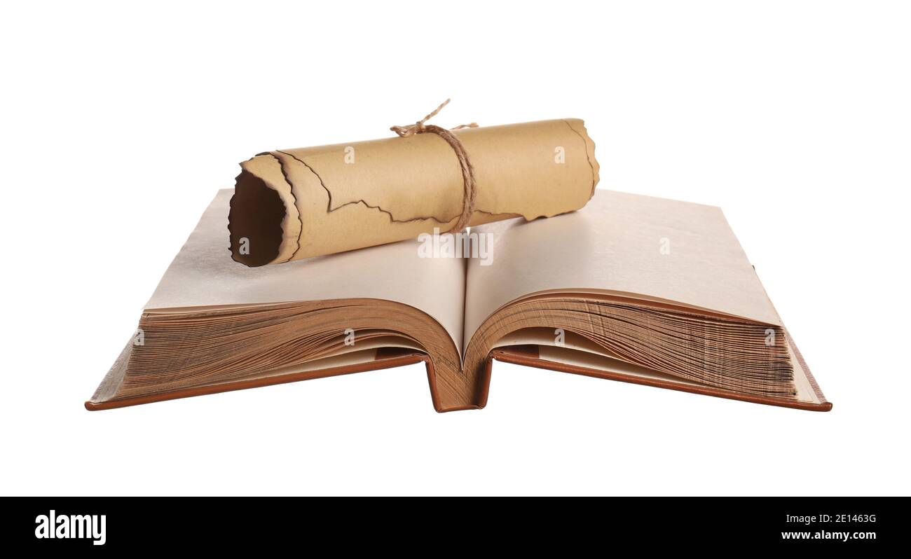 Old book with scroll on white background Stock Photo - Alamy