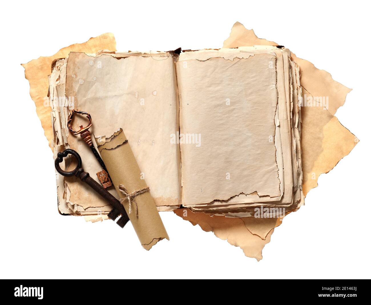 Old book with scroll and keys on white background Stock Photo - Alamy