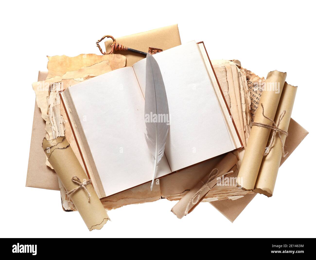 Old book with scrolls and feather on white background Stock Photo - Alamy