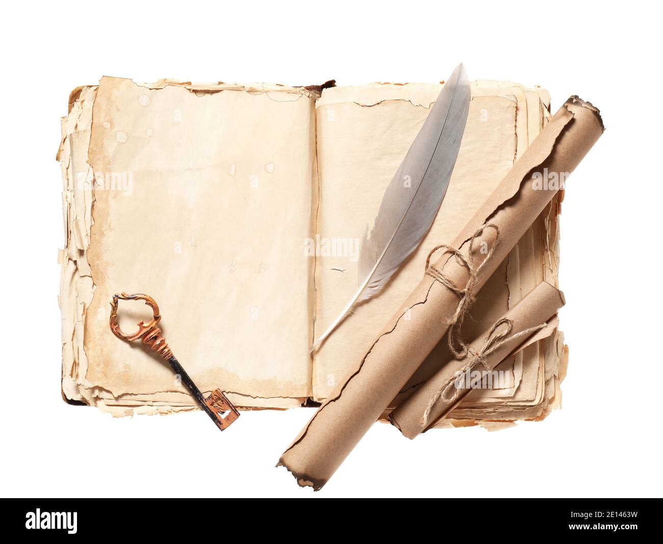 Old book with scrolls and key on white background Stock Photo - Alamy