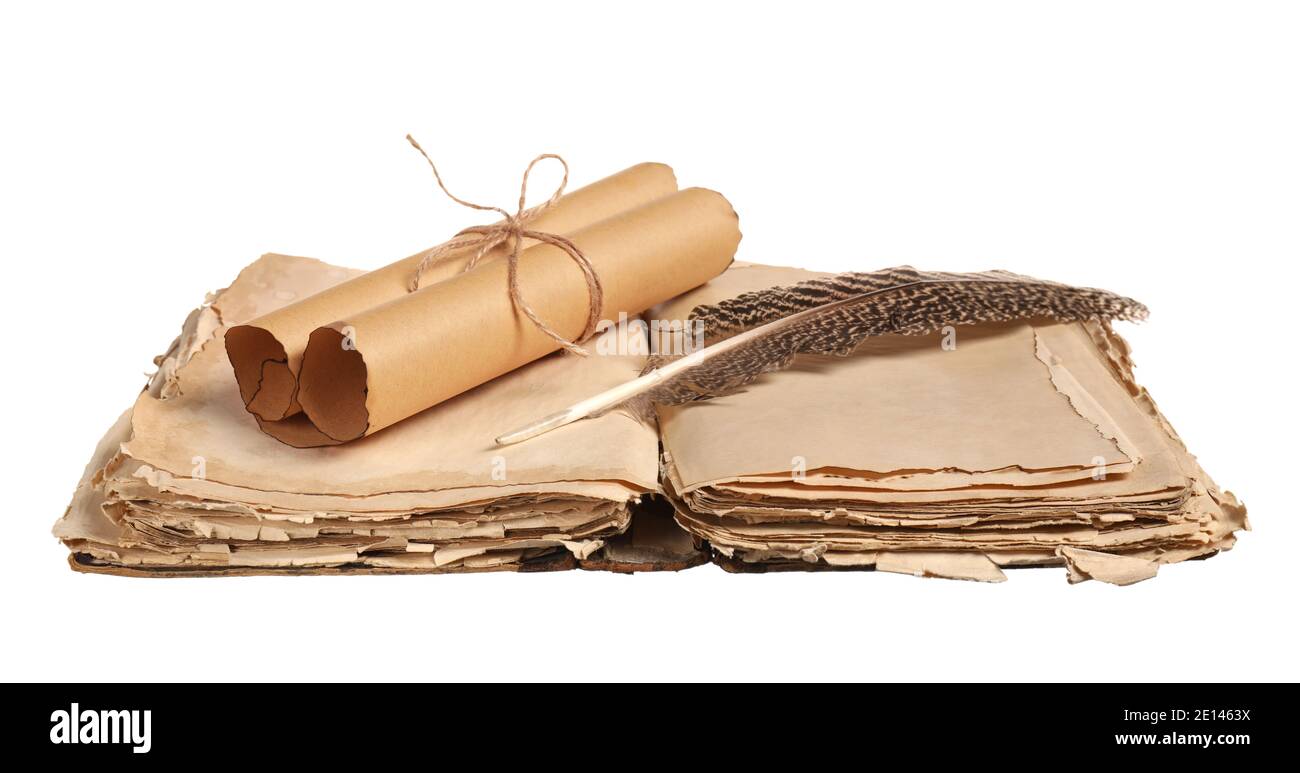 Old book with scroll and feather on white background Stock Photo - Alamy