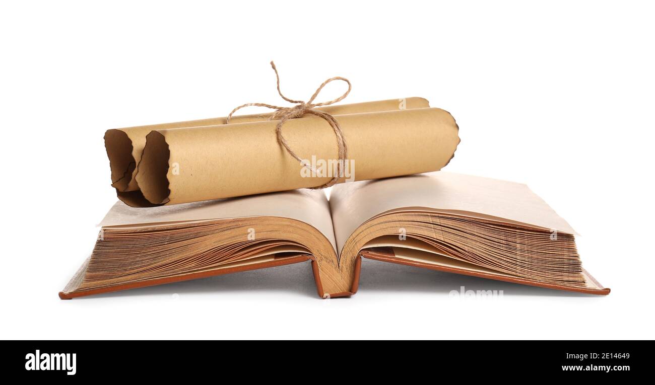 Old book with scroll on white background Stock Photo - Alamy