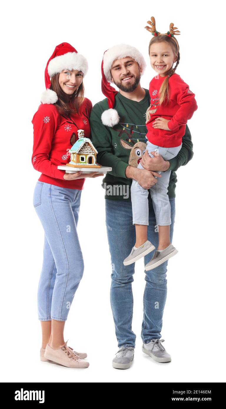 Happy family with gingerbread house on white background. Christmas ...