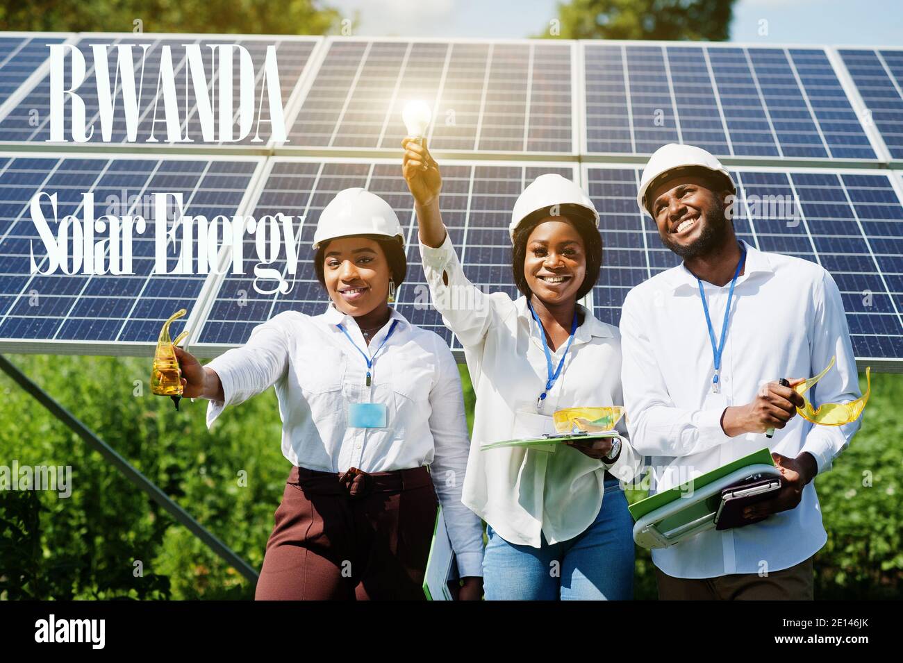 Rwanda solar energy. African engineers at panels station Stock Photo ...